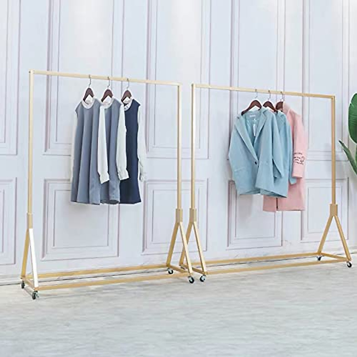 WFDERAN Modern Simple Heavy Duty Metal Rolling Clothing Garment Rack with Wheel,Creative Commercial Wedding Dress Display Shelf,Single Rod Floor-Standing Clothes Hangers (Gold without Wood, 47.2" L)