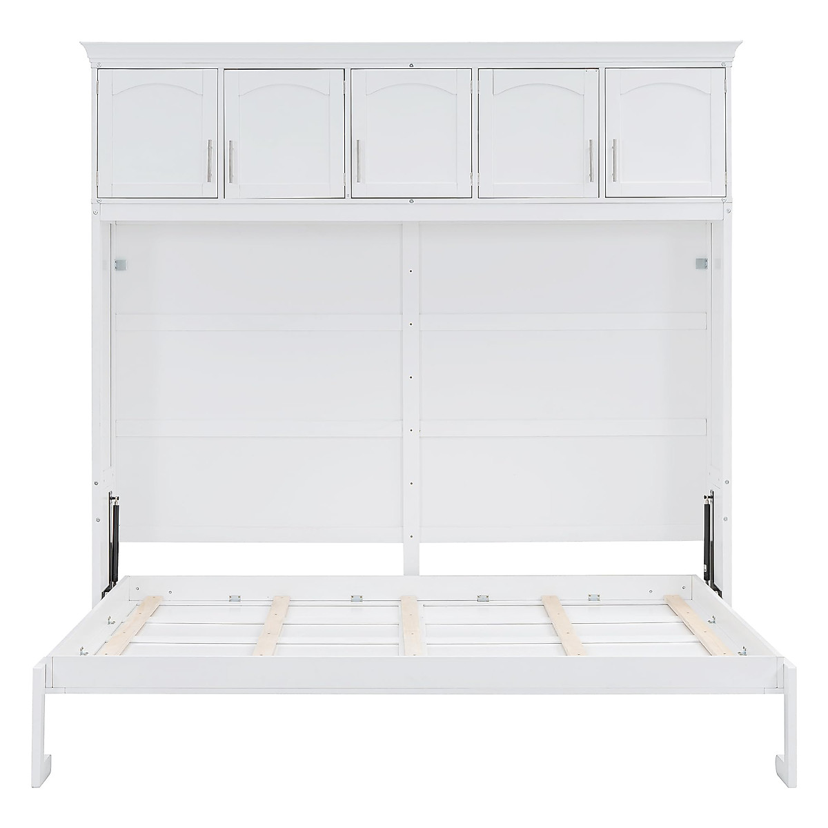 Merax Modern Farmhouse Solid Wood Murphy Bed Chest with Top Cabinets, Tall Wall Platform Bed Space Saving/Wood Slat Support Full,White
