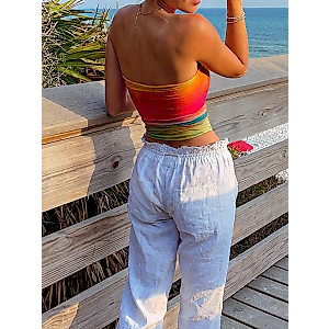 NZNDSHD Women Y2K Tube Tops Summer Backless Slim Bandeau Crop Tops Vintage Aesthetic Print Strapless Shirts Streetwear (A Orange, L)