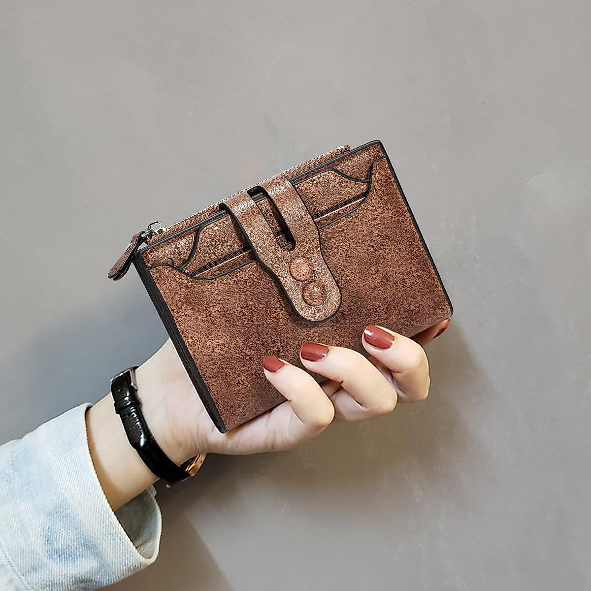 UTO Womens Wallet RFID Blocking PU Leather Bifold Snap Card Holder Money Coins Organizer Purse Brown
