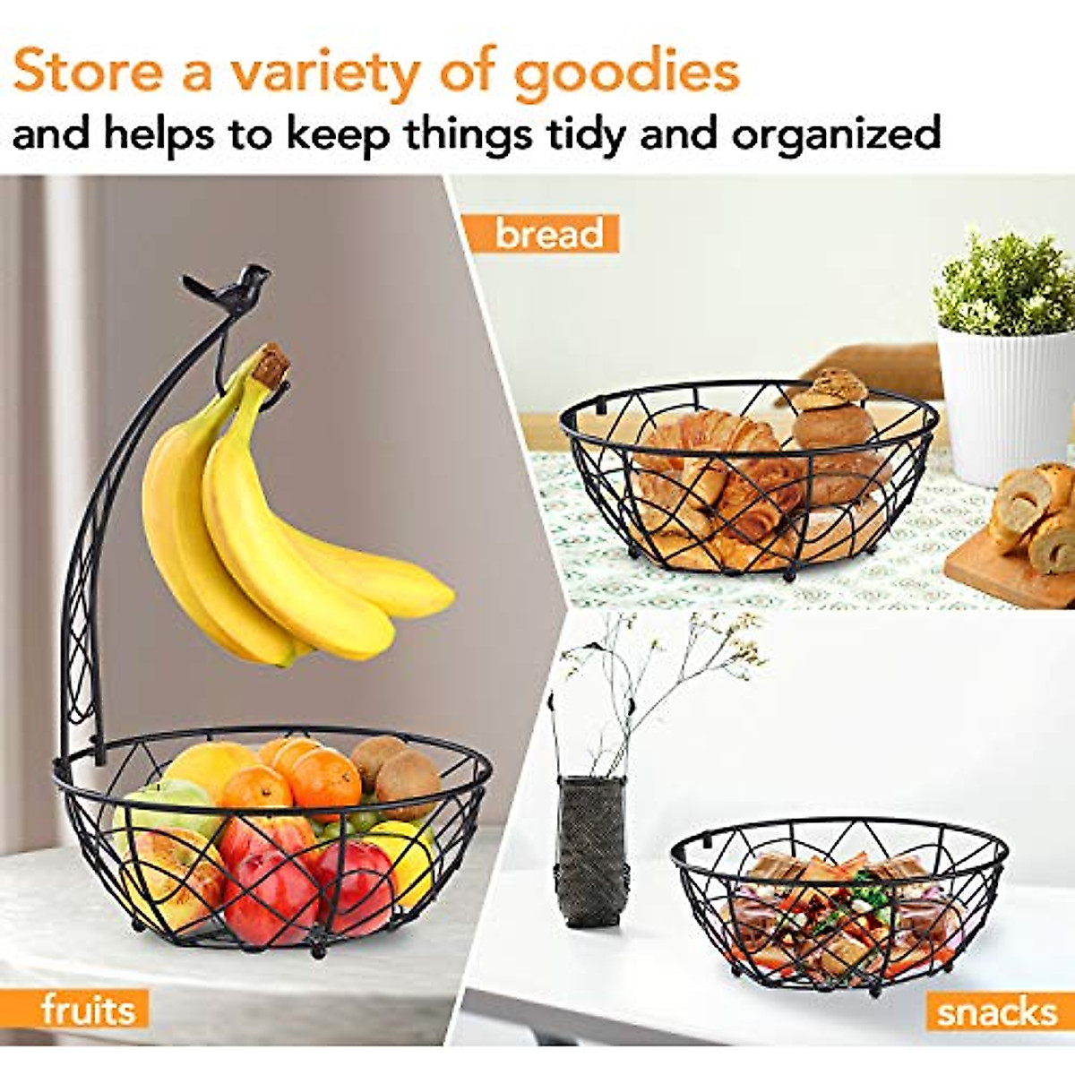 Buruis Fruit Basket Bowl with Banana Hanger, Modern Bird Design Fruit Container, Creative Tabletop Fruit Basket for Kitchen Countertop Dining Room, Decorative Display Stand (Black)