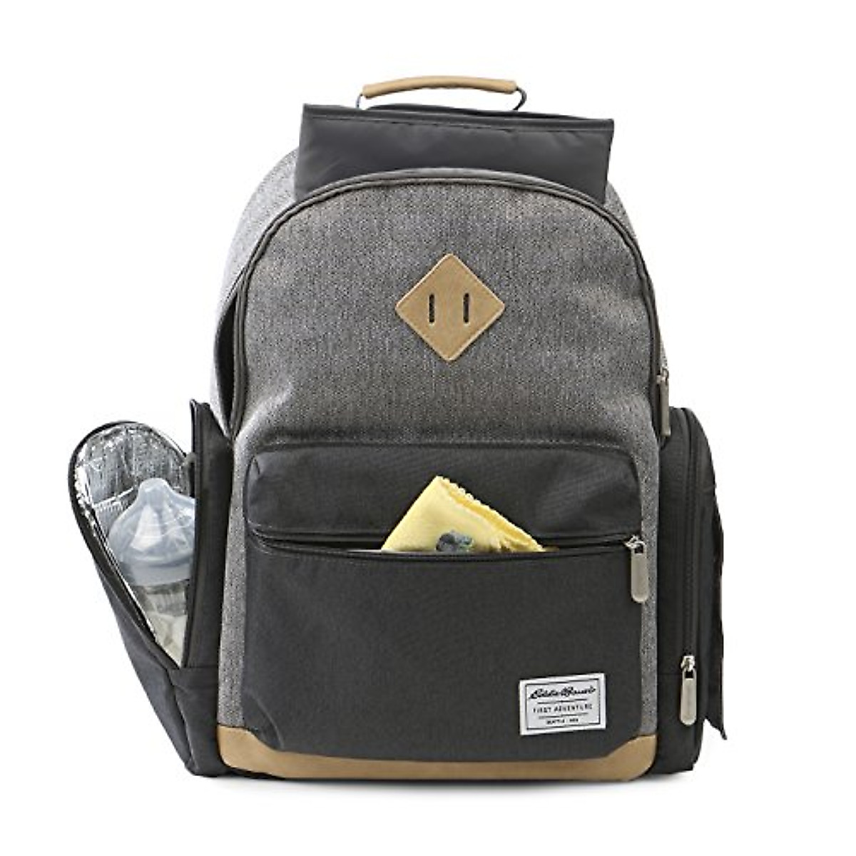 Eddie Bauer Places & Spaces Bridgeport Diaper Bag Backpack, Cooler Bottle Pockets and Changing Pad Included, Light Grey and Tan