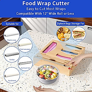 AITEE 2 in 1 Bag Storage and Foil Organizer, Plastic Wrap Dispenser with Cutter for Kitchen Drawer, Bamboo Wood Food Bag Storage Organizer for Gallon, Slider Quart, Sandwich and Snack