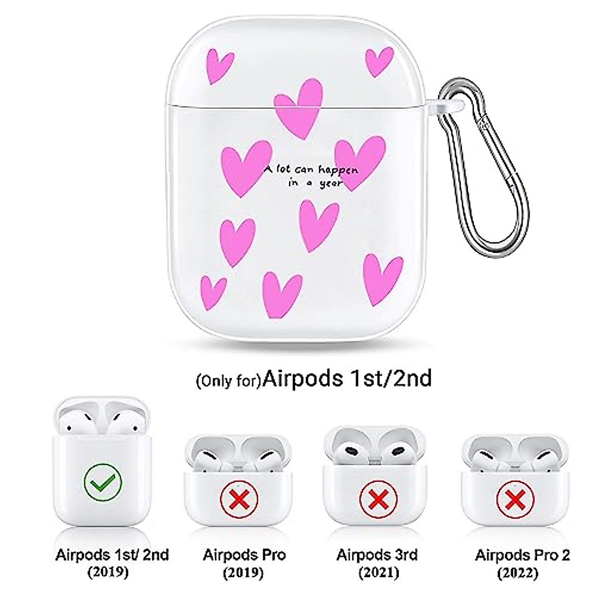 Case for Airpod Case 2nd Generation,Airpod Case 1st Generation,Pink Heart Cute Airpods Case,Kawaii Airpod Case Cute Cover with Keychain (Pink Heart 1st/2nd Case)