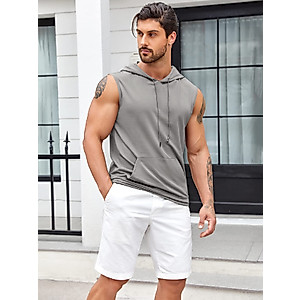 Makkrom Mens Workout Hooded Tank Tops Sports Training Sleeveless Gym Hoodies Bodybuilding Cut Off Muscle Shirts Grey