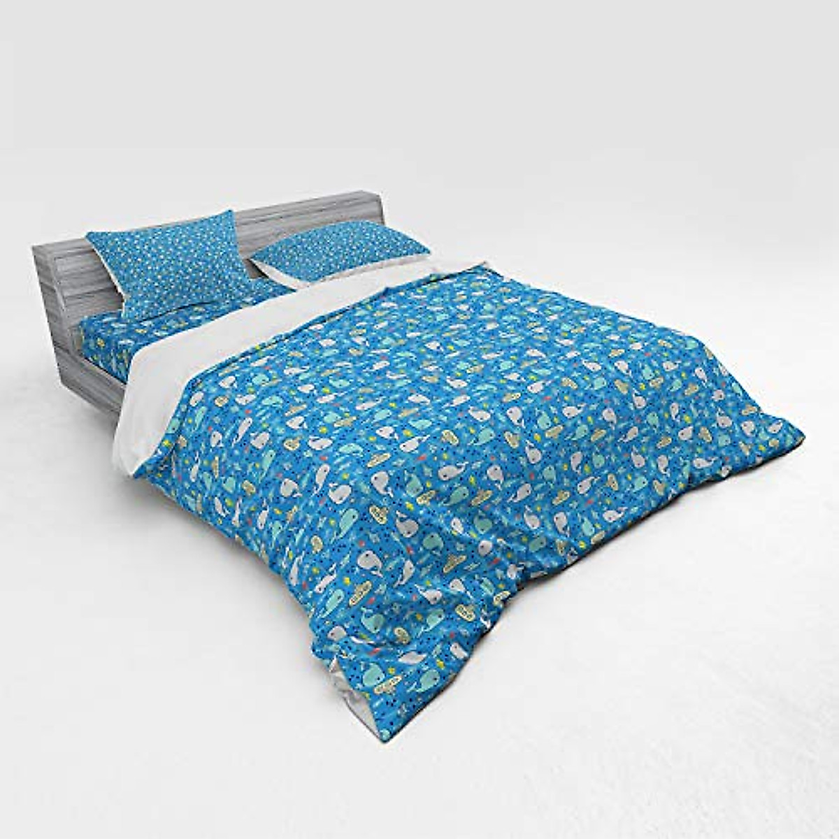 Ambesonne Yellow Submarine Duvet Cover Set, Sharks Whales and Fishes with Submarine Pattern Cartoon, 3 Piece Bedding Set with Sham and Fitted Sheet, King Size, Multicolor