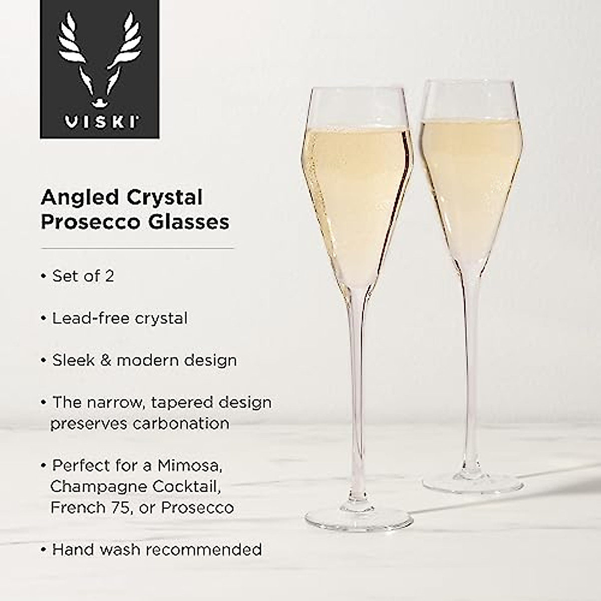 Viski Raye Angled Crystal Prosecco Glasses Set of 2, No-Lead Premium Crystal Clear Glass, Modern Stemmed, Prosecco Glass Gift Set, 8oz