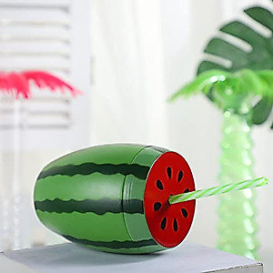 NUOBESTY 4pcs Fruit Shaped Cup Plastic Drinking Cup Watermelon Sippy Cup with Straw Lids for Summer Hawaiian Tropical Luau Party Supplies