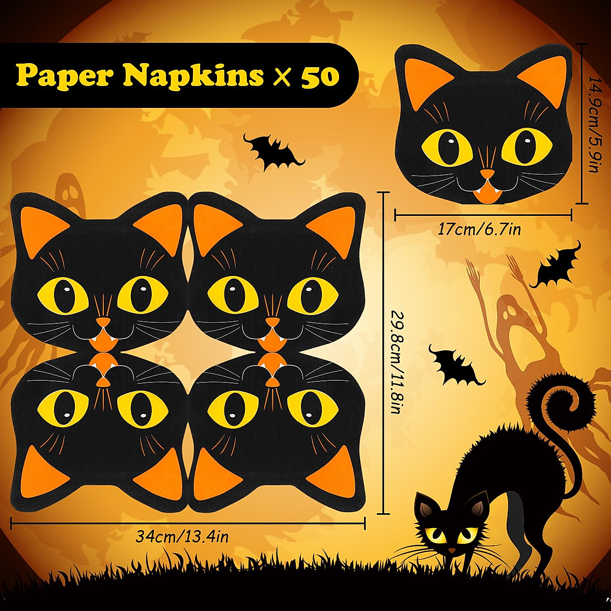 Quera 50 Pack Halloween Napkins Paper Napkins Black Cat Cocktail Napkins Decorations for Halloween Party Supplies, Black Cat Gifts Dinner Party Decoration (6.5 x 6.5 In)