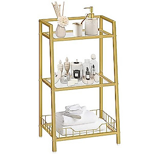 HOOBRO Gold Bookshelf, 3-Tier Tempered Glass Bookcase, Bathroom Storage Stand, Record Storage Rack with Side Guards, Strong and Durable, for Bathroom, Bedroom, Living Room Modern Style, Gold GD77CJ01