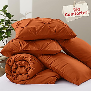 VACVELT 5 Piece Pinch Pleated Duvet Cover King Size Set, Burnt Orange Pintuck Duvet Cover with Zipper & 8 Ties, Shabby Chic Microfiber Duvet Cover + 2 Pillow Shams + 2 Pillowcases, No Comforter