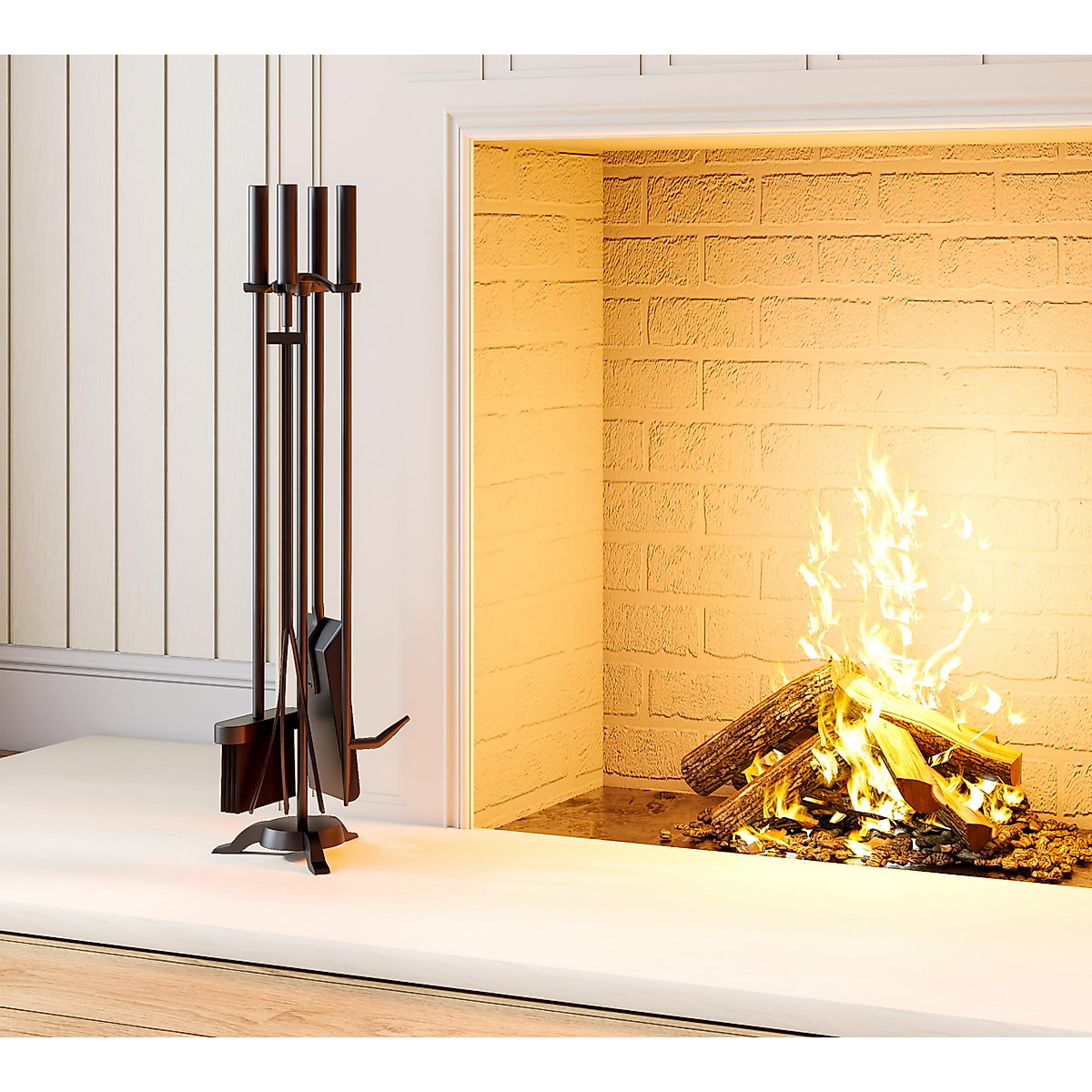 CALIDOLA Wrought Iron Fireplace Tools with Chimney Poker, Tongs, Shovel, Brush and Stand Hearth Accessories Set,Black Fireplace Companion Set