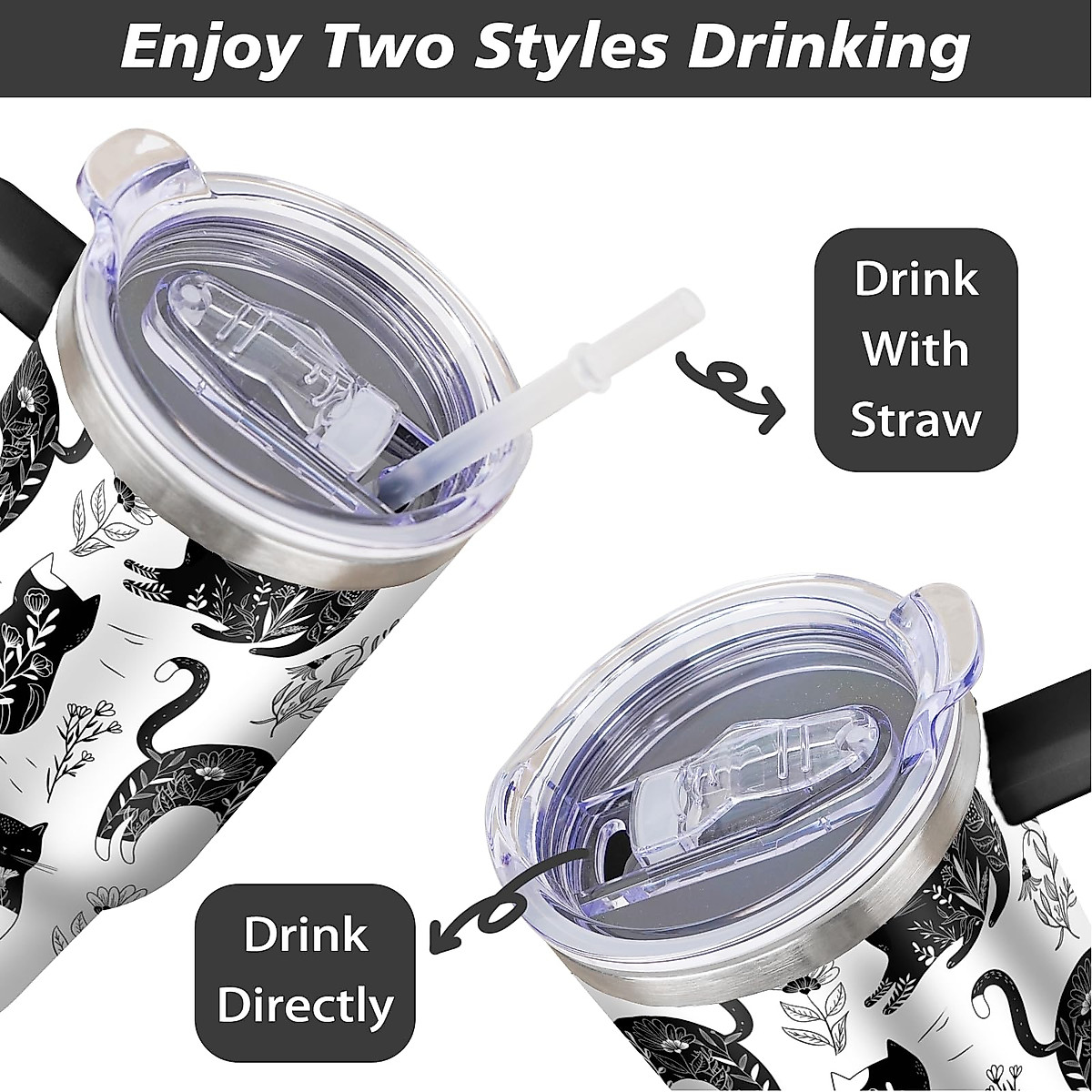 30 oz Cat Tumbler with Handle and Straw, Boho Kitty Stainless Steel Vacuum Insulated Travel Coffee Mug Cup Water Bottle, Cats Stuff Accessories Decor Gifts for Women Girls