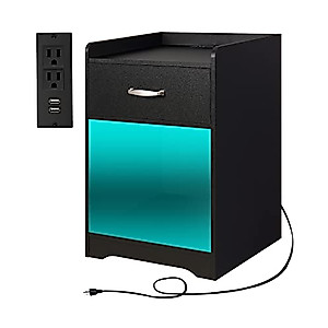 WEENFON Nightstand with Charging Station and LED Lights, Nightstands with USB Ports & Outlets, Small Night Stands for Bedroom, Black