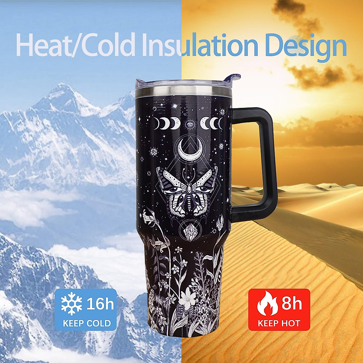 ZNYYZYBA 40 oz Tumbler with Handle and Straw, 40oz Goth Tumbler with Handle Insulated Leak Proof Travel Coffee Mug, Reusable Stainless Steel Tumblers