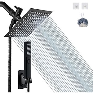 Shower Head, 8'' Matte Black Shower Head with hose, 2 in 1 Setting High Pressure Shower Heads, Anti-leak Rainfall Shower Head with Holder, Dual Rain Shower Head with Handheld Spray, Bellearlly