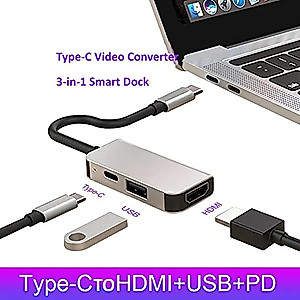 GPPZM USB Type C 3.1 to HDMI-Compatible USB 3.0 Dock Hub 3 in 1 USB C Adapter 4K Video PD Charge Converter
