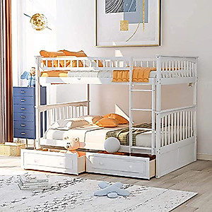 STP-Y Twin Over Twin Bunk Bed, Bunk Bed Frame with Storage Drawers, Wooden Twin bunk Bed with Safety Rail Ladder, Grey (Color : White, Size : Full Over Full)