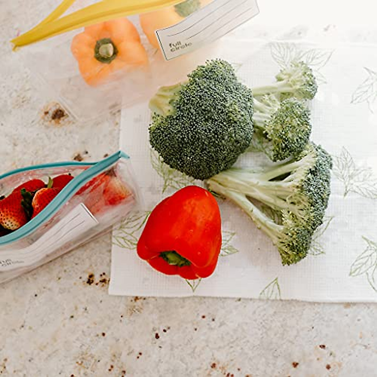 Full Circle Ziptuck Reusable Produce Bags - Set of 3 BPA-Free Food Storage Bags Includes Fruit Bag, Stalks Bag and Large Veggie Bag - Leakproof Ziplock Seal Food Saver Bags