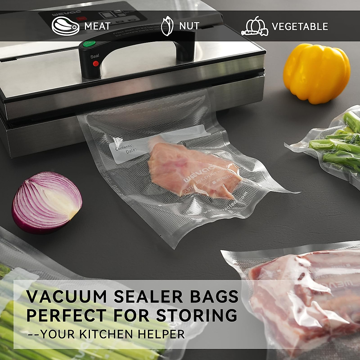 6" x 10" Precut Vacuum Sealer Bags, 200 Count, Includes 5 Liquid Block Bags & 5 Bone Guard Pieces, Heavy Duty for Food Storage, Sous Vide & Meal Prep, Wevac