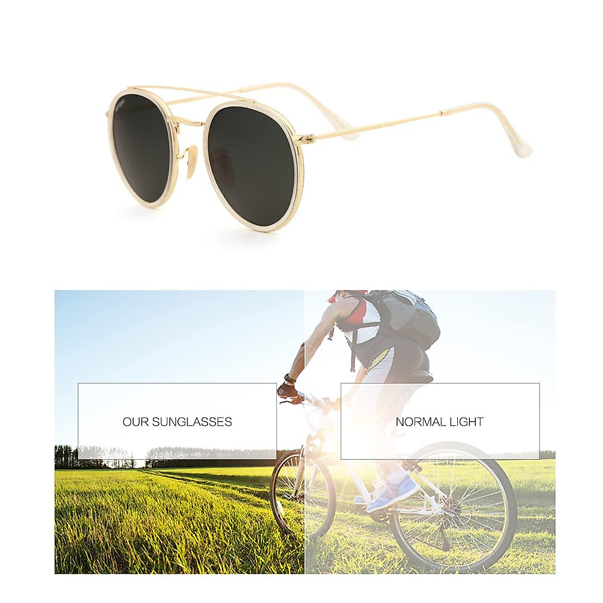 CONRAD RONTGEN Retro Round Sunglasses for Women Men Double Bridge UV400 Protection Gold Frame Black Lens