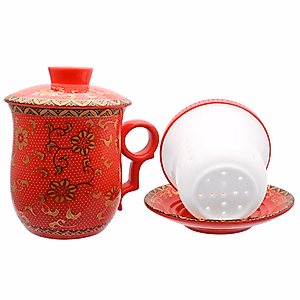 Ameolela Porcelain Tea Cup with Infuser Lid and Saucer Sets - Chinese Jingdezhen Ceramics Coffee Mug Teacup Loose Leaf Tea Brewing System for Home Office