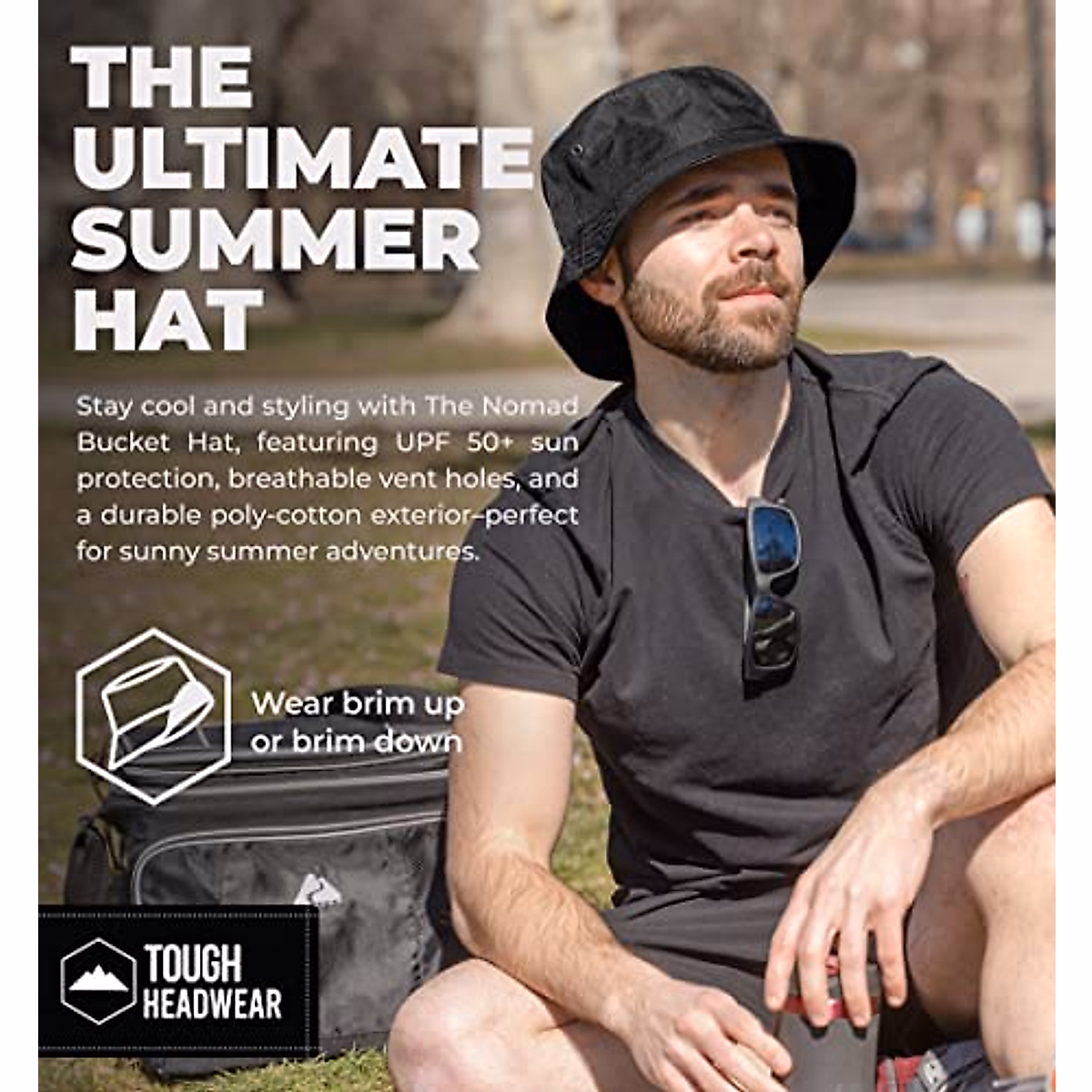 Tough Headwear Bucket Hat for Men & Women - UPF50+ Sun Protection - Foldable Beach Hat - Black