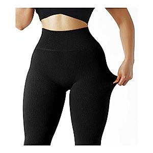 SUUKSESS Women Ribbed Seamless Leggings High Waisted Tummy Control Workout Yoga Pants (Black, M)