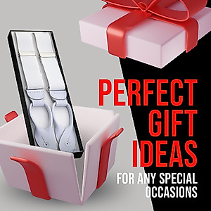 HOLD'EM Tuxedo Suspenders for Men Black Genuine Leather Button End 1.25 Inches Mens Braces Suspenders- White (Regular 46" Long)