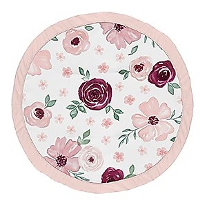 Sweet Jojo Designs Burgundy and Pink Watercolor Floral Girl Baby Playmat Tummy Time Infant Play Mat - Blush, Maroon, Wine, Rose, Green and White Shabby Chic Flower Farmhouse