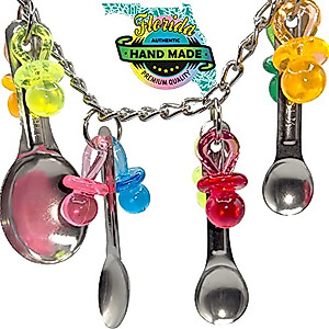 Mandarin Bird Toys 1022 Super Spooner Ringer by M&M Handmade Stainless Steel Noisy Versatile Aviary Toy, Shiny Spoons, Acrylic Pacifiers, Metal Bells, Great for Medium Pets African Grey Conure Quaker