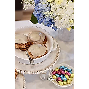 Mud Pie White Beaded Pedestal Trays, small 4" x 10" dia | large 5" x 12" dia