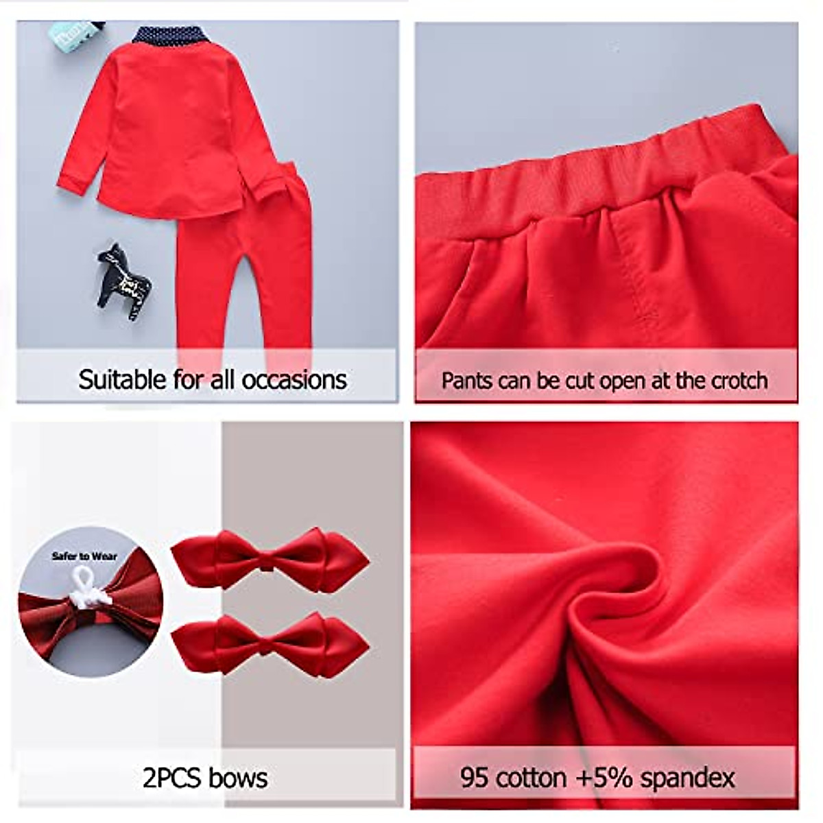 HZXVic Toddler Boy Gentleman Outfits Suit,Baby Tuxedo Dress Shirt with Bowtie + Pants Clothes Sets (Red, 18M)