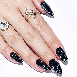 GLAMERMAID Winter Press on Nails Almond,Black Gel False Nails with tree Design,24 PCS Glue on Nails,Reusable Acrylic Stick on Nails Tips Manicure Set for Women Girls Gift