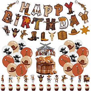 34Pcs Western Cowboy Theme Birthday Party Supplies and Decorations Western Cowboy Happy Birthday Banner,Latex Balloon, Cupcake Toppers, Set Anime Birthday Party Supplies for Kids Family