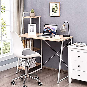 Tangkula Computer Desk with 4 Tier Shelves, Writing Desk Study Desk, Compact Computer Desk Workstation with X-Shaped Metal Frame & Adjustable Foot Pads, Home Office Desk (Natural)