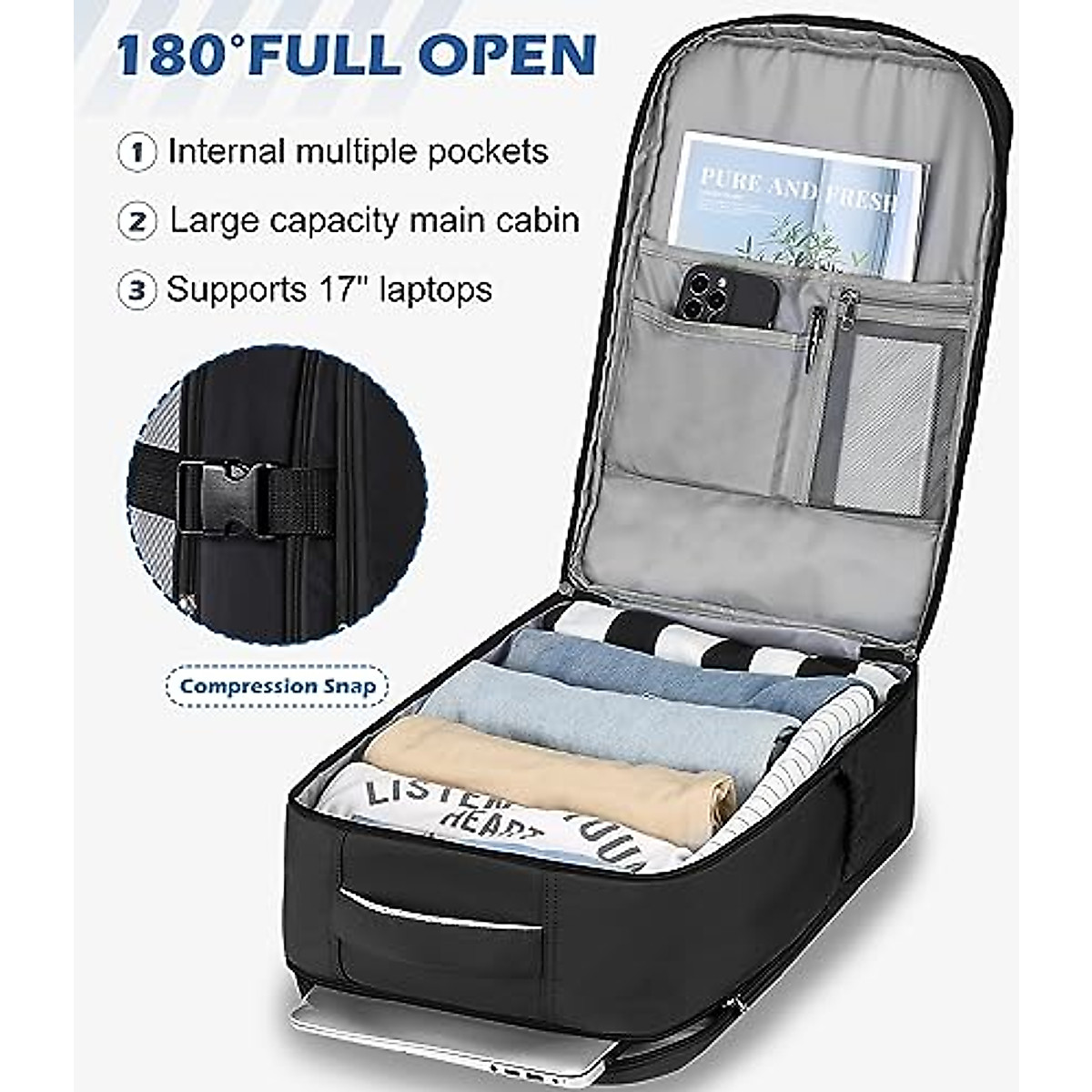 Lekakii Travel Laptop Backpacks for Women Carry On, 40L Nylon Waterproof Backpack for Traveling On Airplane, Gym Backpack Personal Item Essentials, Black