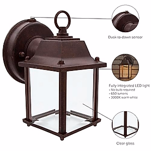 Maxxima LED Porch Lantern Outdoor Wall Light - Aged Bronze with Clear Glass, 3000K Warm White, 650 Lumens, Dusk to Dawn Photocell Light Sensor, Patio or Porch Sconce Fixture, Exterior Lighting - Brown