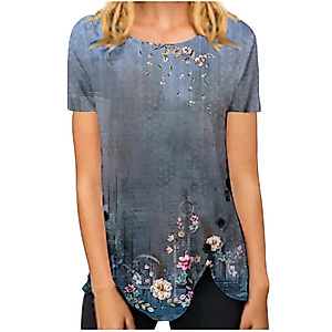 Ceboyel Womens 2023 Floral Print Summer Tops Dressy Trendy Shirts Short Sleeve Casual Blouses Trendy Ladies Clothes Womens Tops Navy 2X