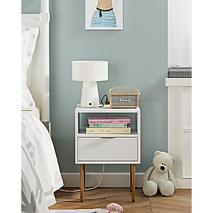 AEPOALUA Nightstand with Charging Station,Small Bedside Table with Gold Frame,White Night Stand,Bedside Furniture,Side Table with Drawer and Shelf for Bedroom,Living Room,Stripe