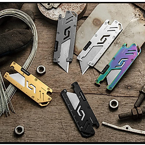 KUNSON Stainless Steel Pocket Utility Knife, Portable EDC Retractable Box Cutter for Cartons, Cardboard and Boxes, Quick-Change Blade, Safety Lock Design, Extra 5 Blades Included (Gold)