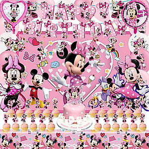 Pink Mouse Birthday Party Supplies, Pink Mouse Birthday Party Decorations Include Banner, Backdrop, Hanging Swirls, Foil Balloons, Cake Toppers, Tablecloth, Pink Mouse Girls Party Favors