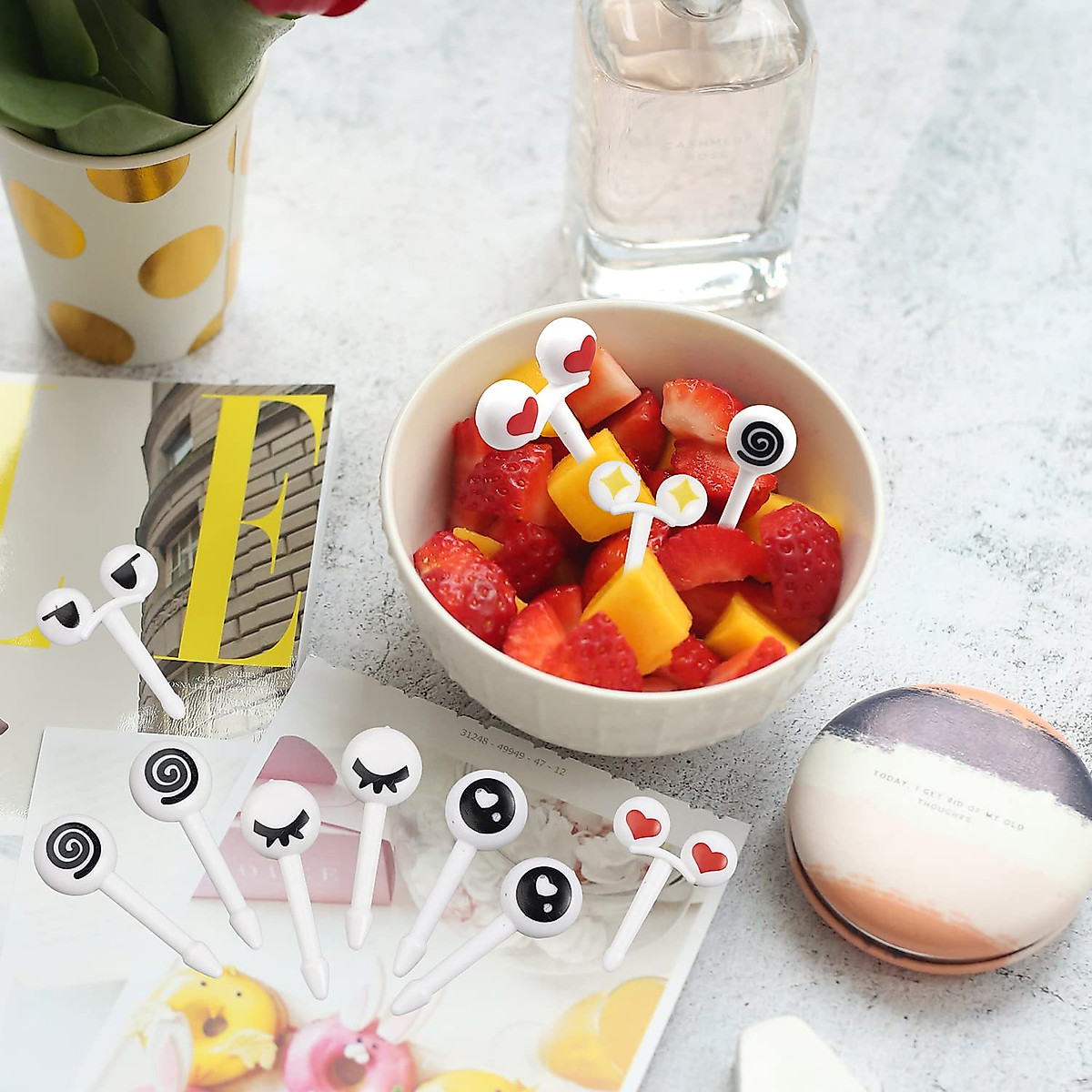 RAYNAG 40-Piece Kids Bento Box Food Picks Mini Cute Cartoon Plastic Fruit Toothpicks, Adorable Eye-style Lunchboxes Picks