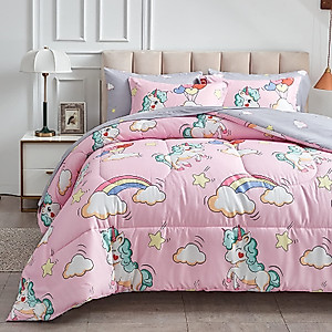 UOZZI BEDDING Kids Girls Bed in a Bag 7 Pieces Queen Size Unicorn Pink Comforter Set - (1 Soft Microfiber, Reversible Comforter, 2 Pillow Shams, 1 Flat Sheet, 1 Fitted Sheet, 2 Pillowcases)