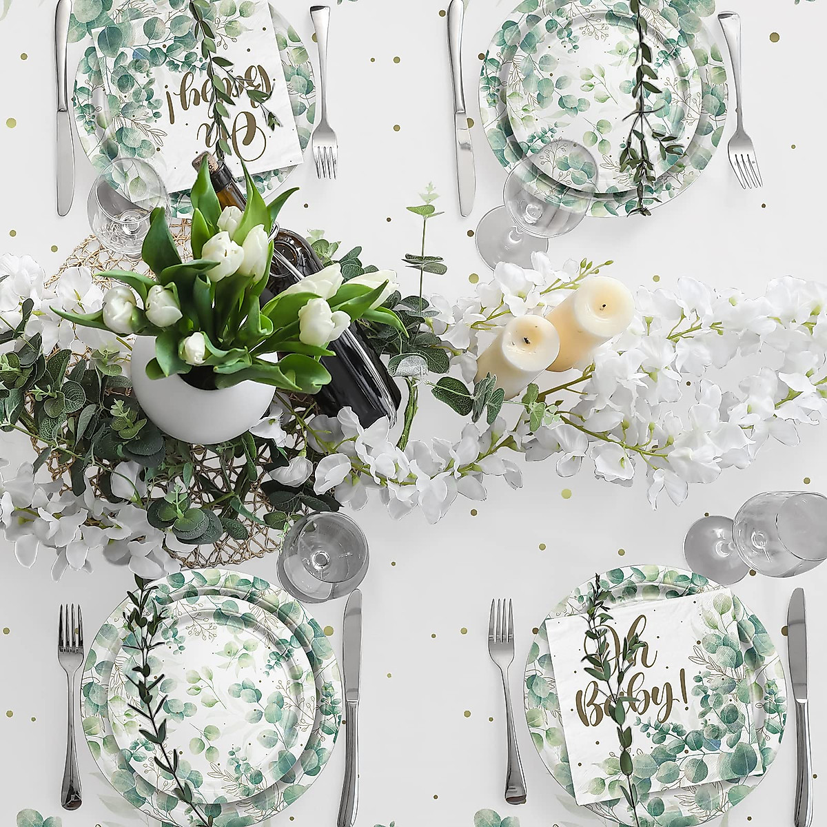 Sage Greenery Baby Shower Party Supplies Disposable Paper Plates Napkins Cups and Tablecloth for Boho Greency Party Decorations, Serve 25.