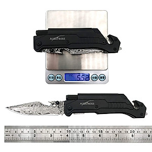 ALBATROSS 6-in-1 Modern Damascus Steel Folding Pocket Knives with LED Light,Seatbelt Cutter,Glass Breaker,Magnesium Fire Starter,Bottle Opener;Multi-Function Emergency Tool(Black-3)