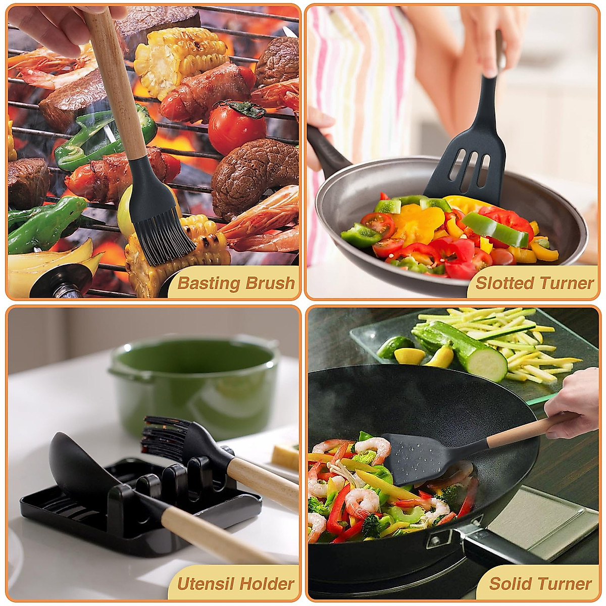 40 Pcs Cooking Utensils Set with Apron Silicone Turner Tong Spatula Spoon Kitchenware Organizer, BPA Free, Non-stick Heat Resistant Kitchen Gadgets Cookware with Natural Wooden Handle, Black