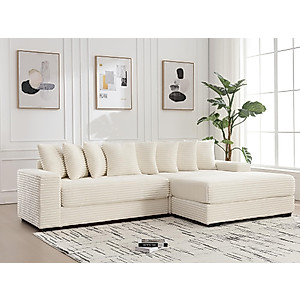 Sectional Sofa Couch,111"W Corduroy L Shaped Couch with Chaise, Comfy Sectional Sleeper Sofa with 8 Throw Pillows,Upholstered Cloud Couch,Modern Corner Sofa for Living Room,Office(Right Facing,Beige)