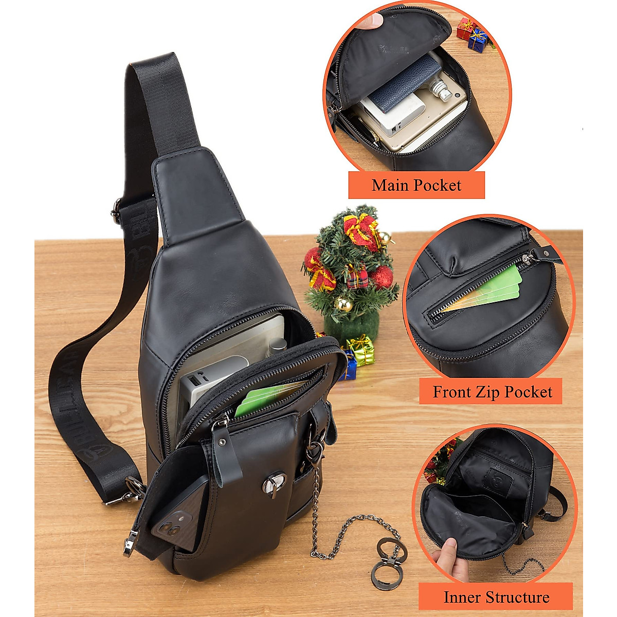 BULLCAPTAIN Genuine Leather Sling Bag for Men Crossbody with Cellphone Stand Chain Chest Shoulder Backpack Daypack XB-520 (Black)