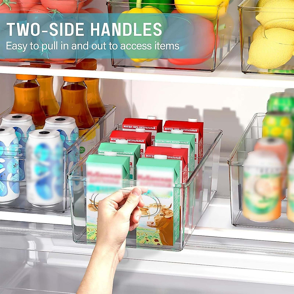 Generic Fridge Organizer Pull-Out Bins with Handles Large Clear Food Container with Removable Dividers Refrigerator Storage box Divided Produce Pantry Kitchen (2pcs)